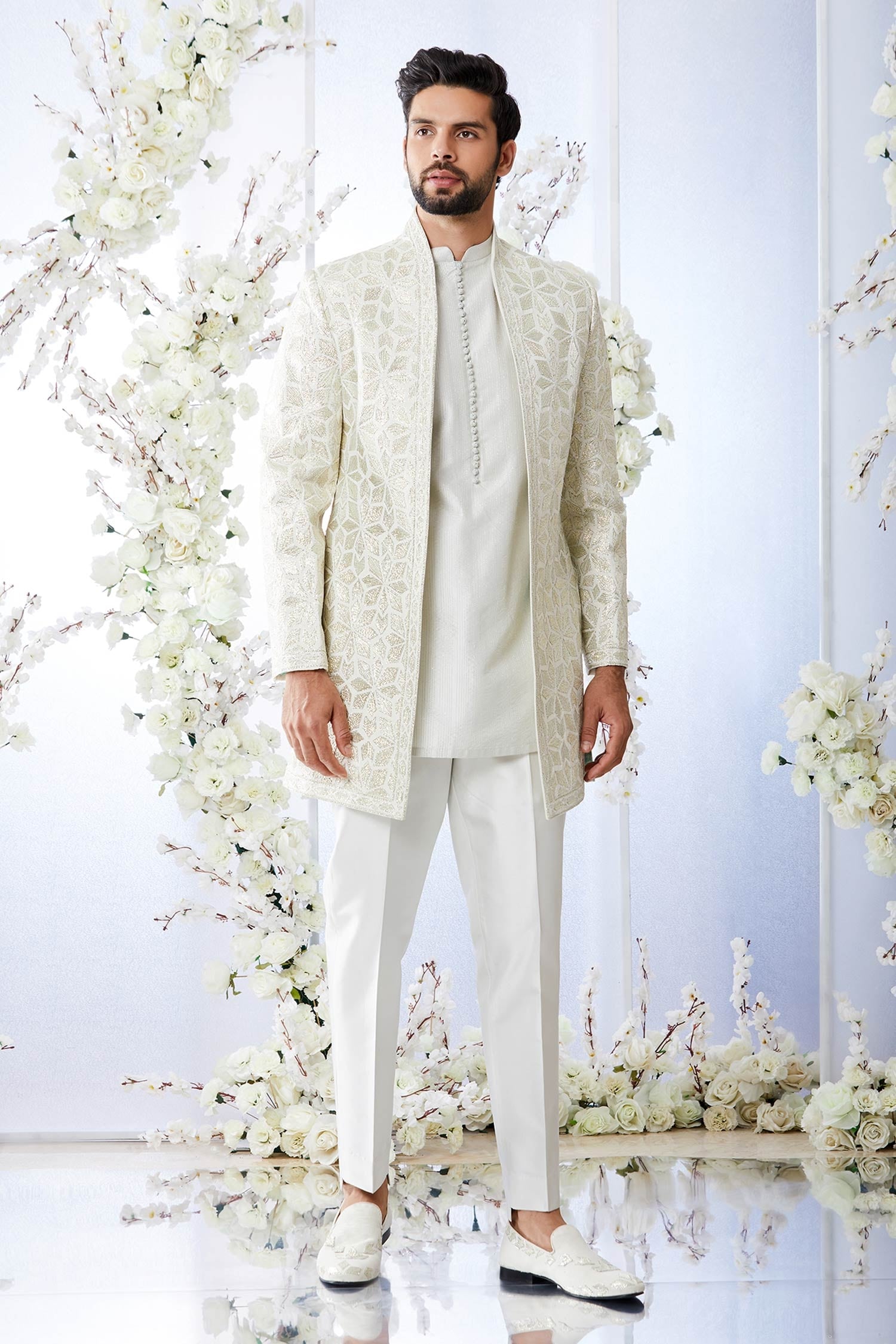 Buy Silver Raw Silk Embroidered Gota Patti Work Front Open Sherwani Set ...