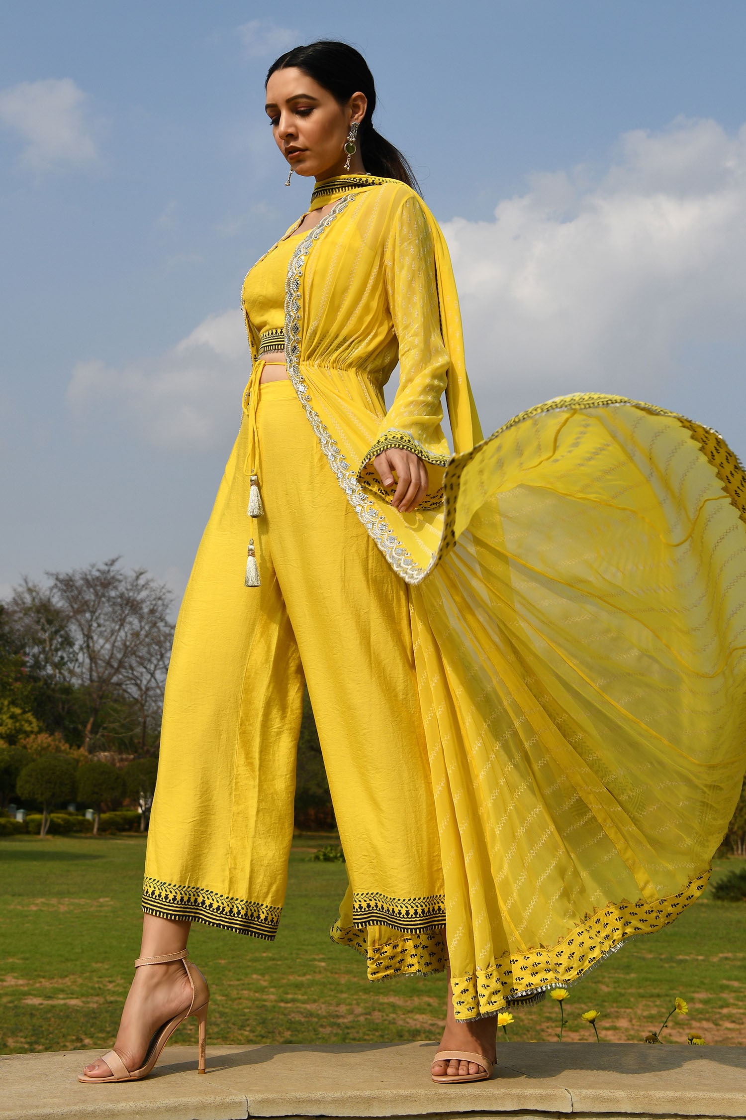 Buy Yellow Georgette Cape Open Embroidered And Pant Set For Women By