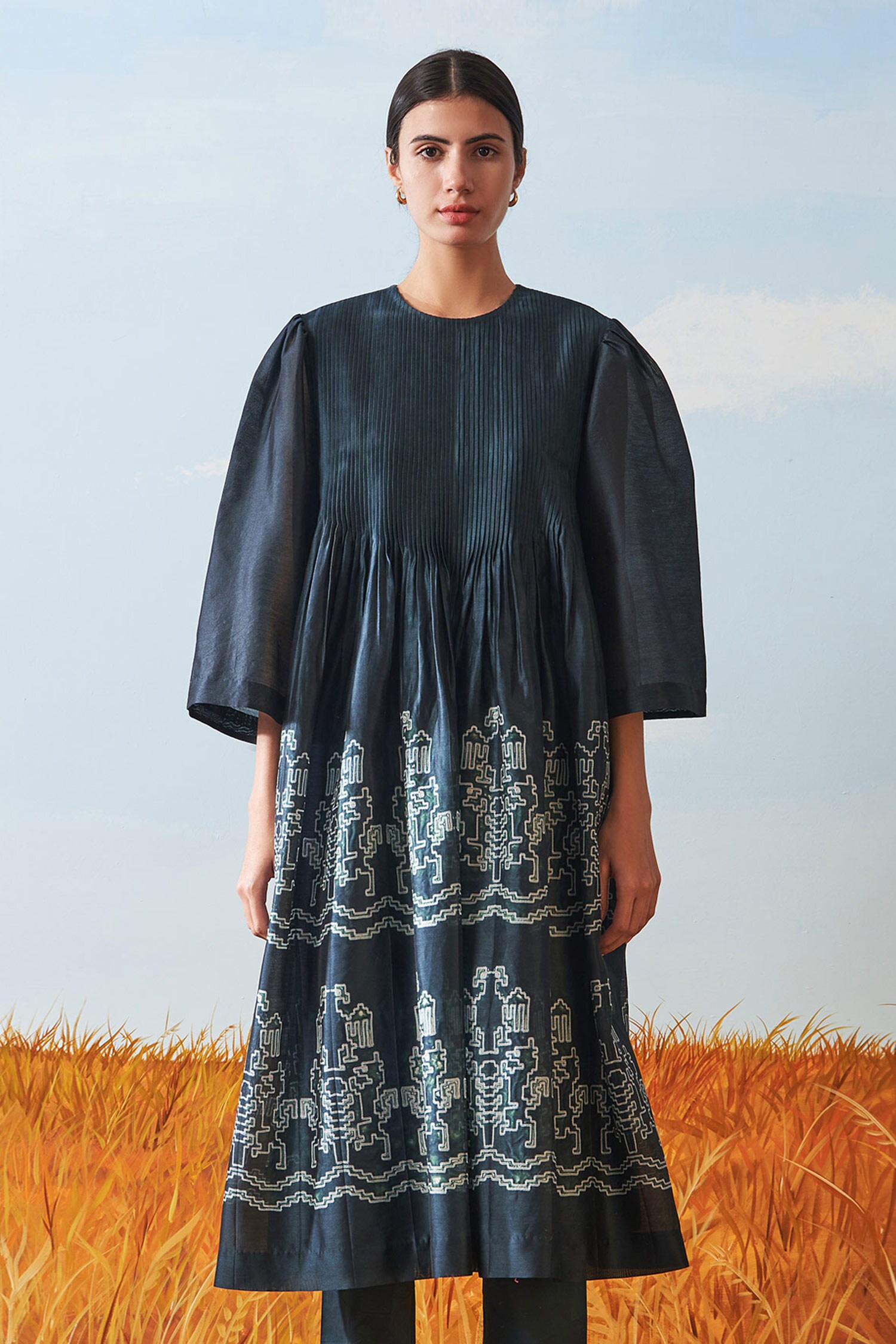 Buy Ikai Blue Cotton Silk Chanderi Shibori Pleated Dress Online | Aza ...