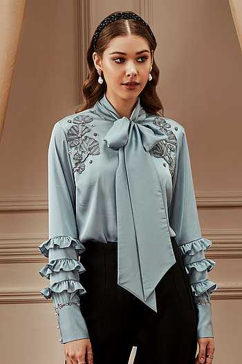Buy Blue Satin Embroidered Floral Motif Shawl Collar Frill Sleeve Shirt ...