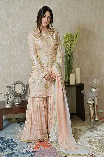 Buy Peach Georgette Embroidered Gota Notched Sharara Set For Women by ...
