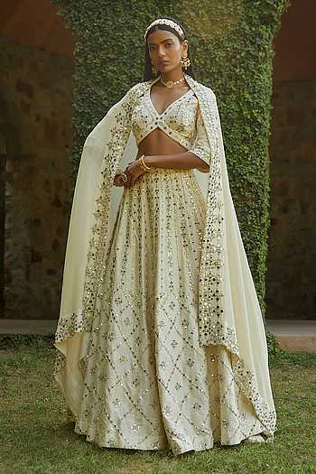 Buy Shian White Georgette Mirror Embroidered Lehenga Set Online | Aza ...