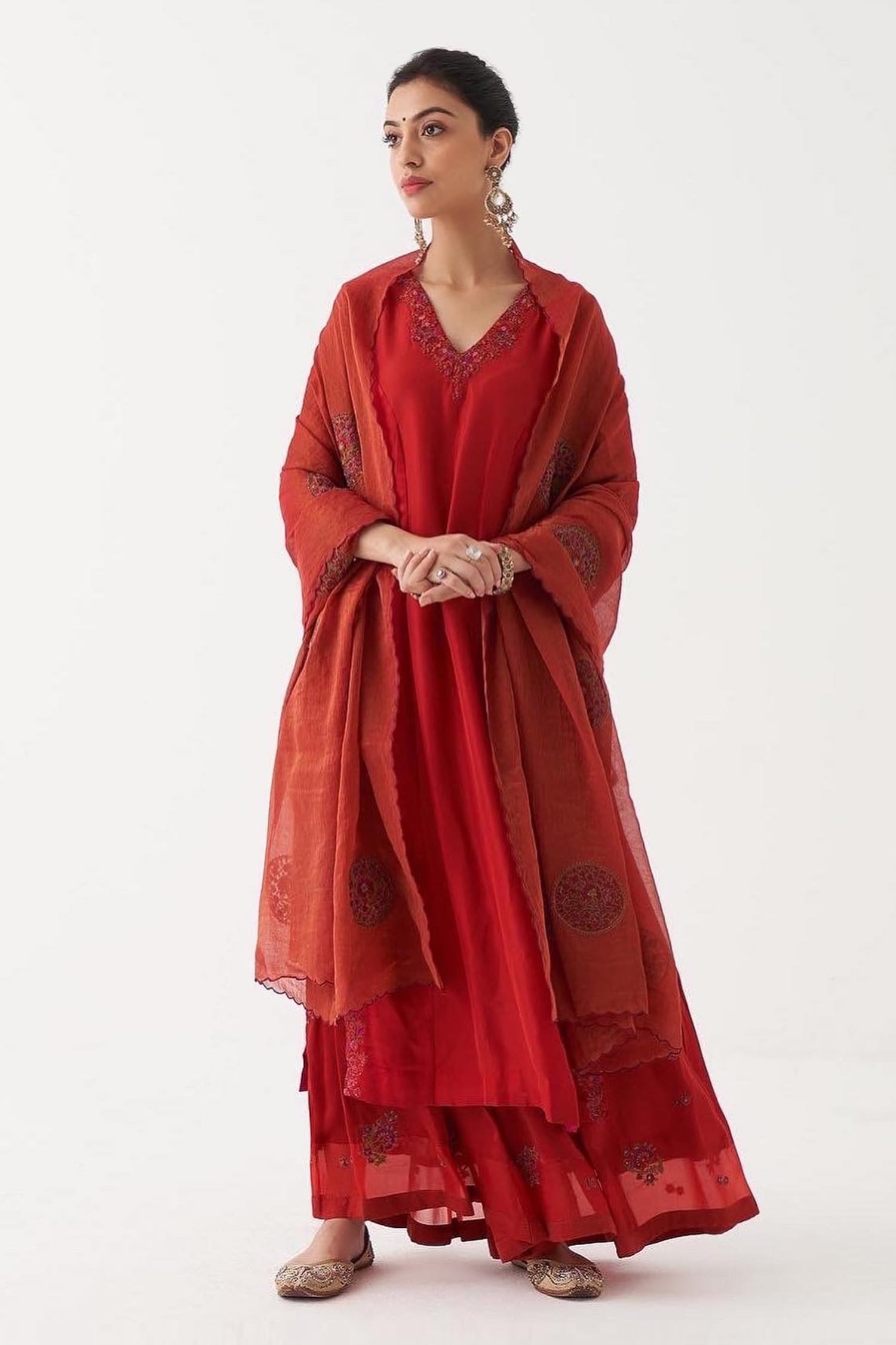 Buy Red Kurta: Habutai Silk Embroidered Aari V Neck Shirin Sharara Set ...