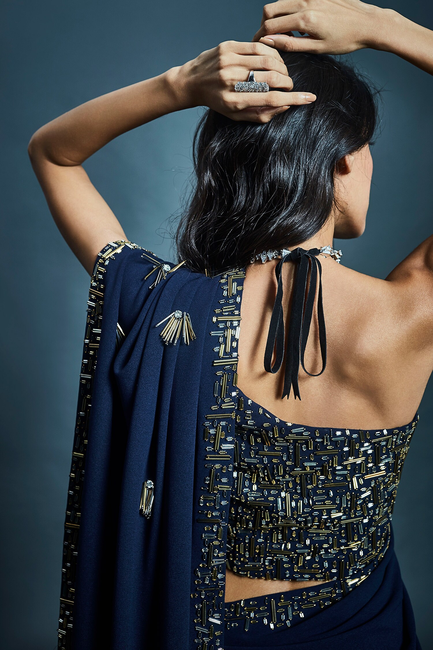 Buy Varsha Wadhwa Blue Swarovski And Bugle Bead Tassel Embroidered Pre ...