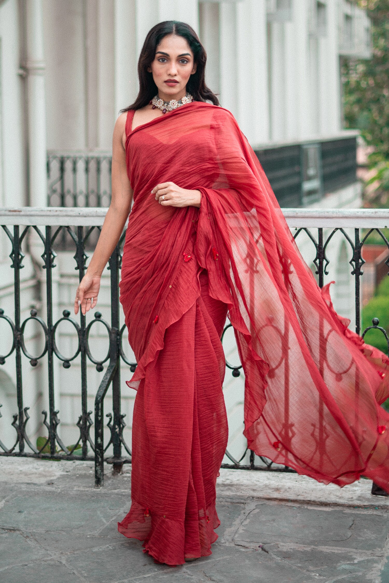 Buy Red Chanderi Silk Embroidery Bead Work V Carnation Saree With ...