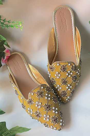 Buy Yellow Embroidered Pointed Toe Mules by Sole House Online at Aza ...