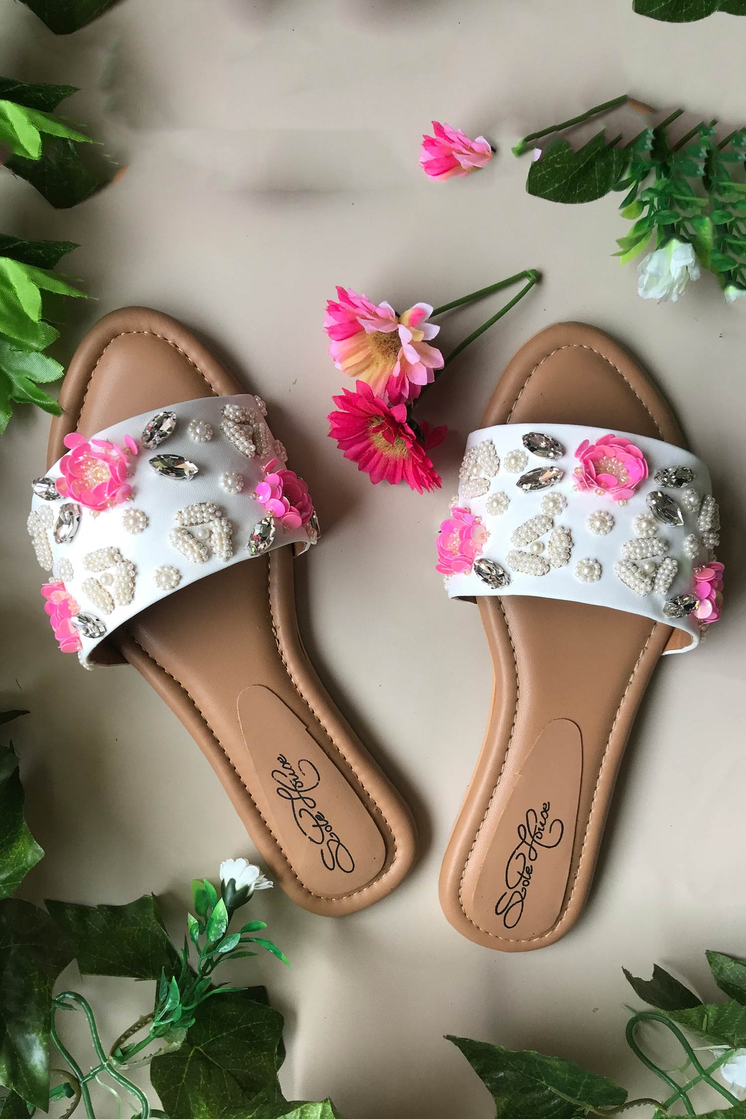 Buy White Embroidered Floral Crystal Sliders by Sole House Online at ...