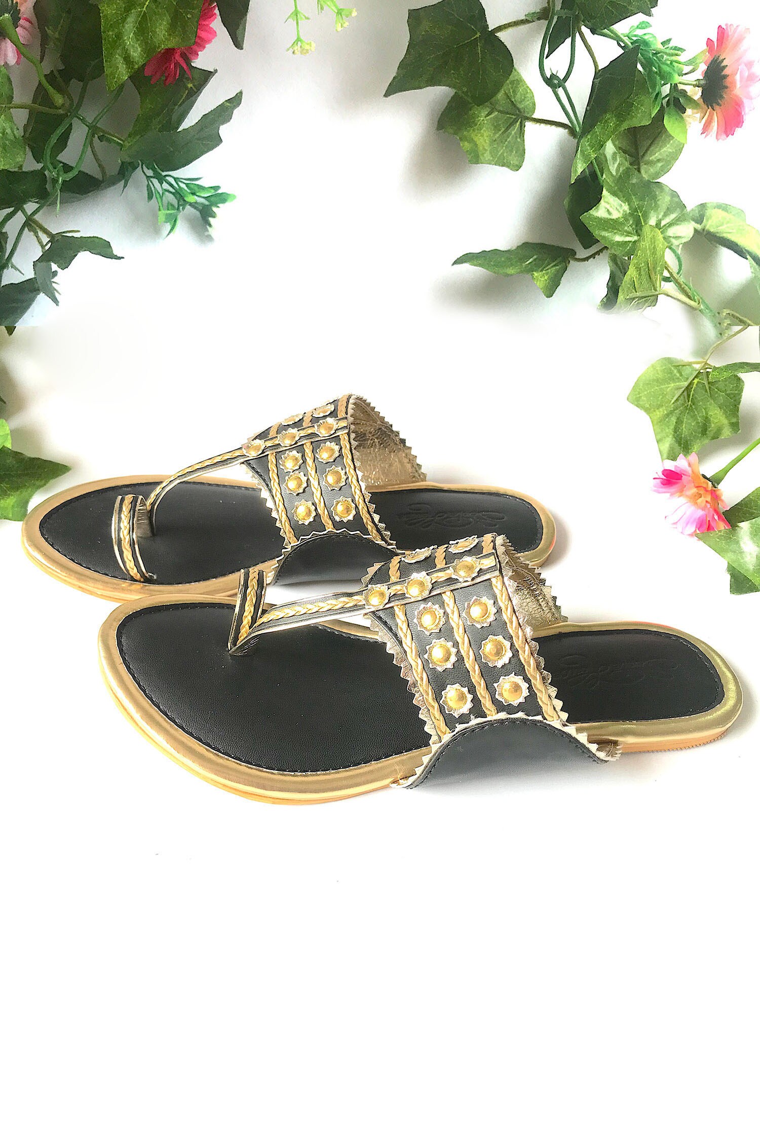 Buy Sole House Black Vegan Leather Embroidered Kolhapuri Sandals Online ...