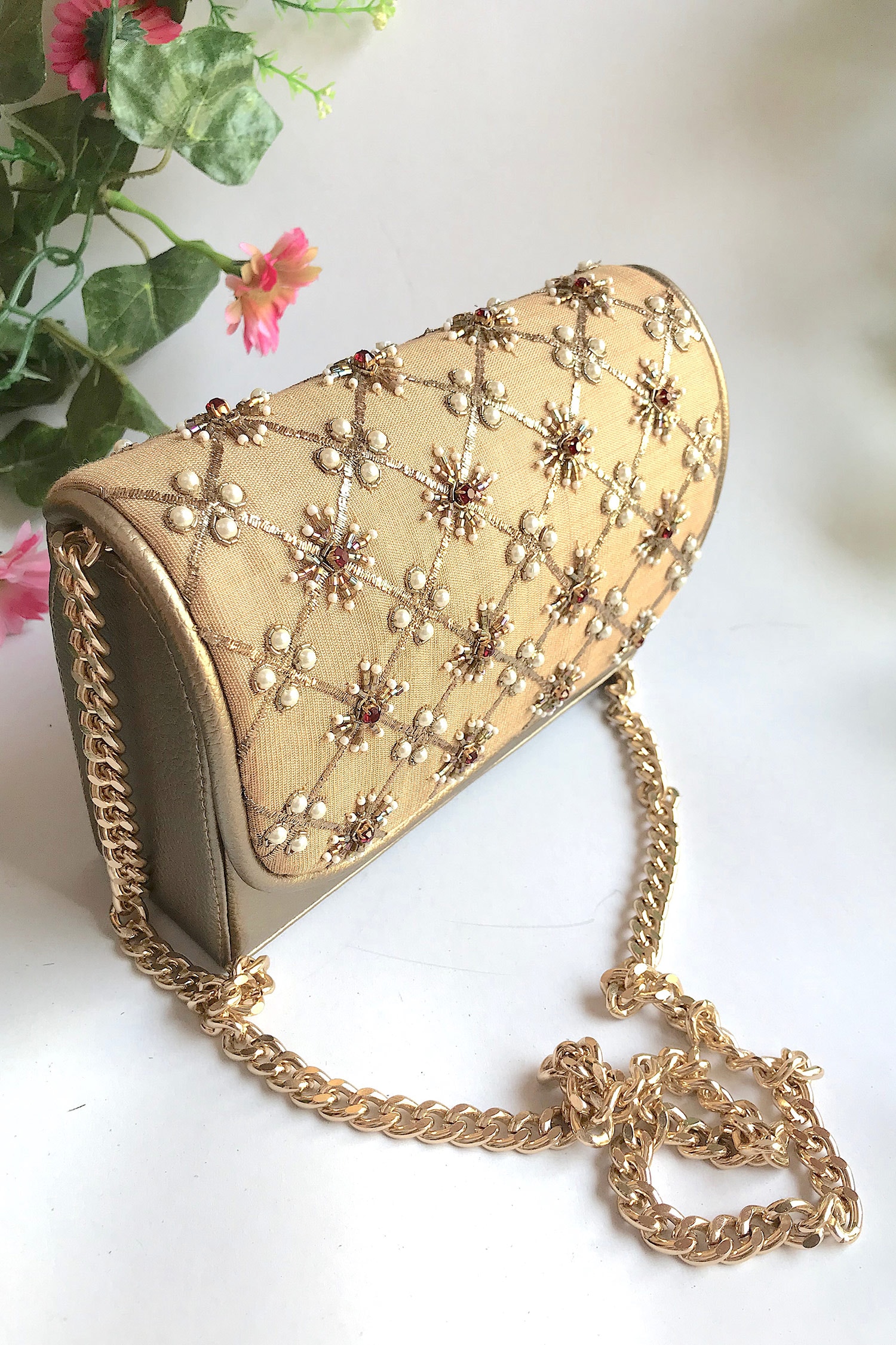 Buy Gold Embroidered Silk Flap Sling Bag by Sole House Online at Aza ...