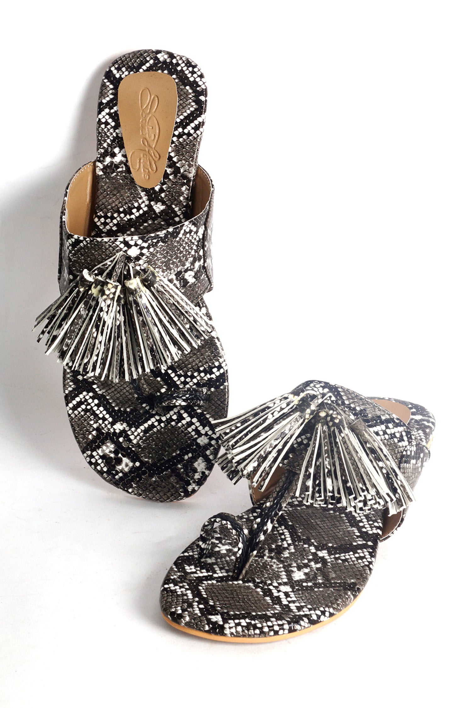 Buy Sole House Black Tassel Animal Print Sandals Online | Aza Fashions
