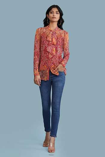 Buy Aarke Ritu Kumar Orange Poly Chiffon Floral Print Tie Up Shirt ...