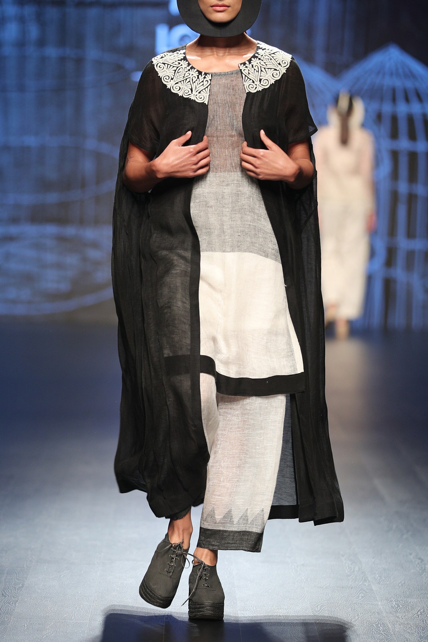 Buy Ekru Black Embroidered Jacket Tunic Set Online | Aza Fashions