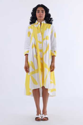 Buy White Cotton Printed Monstera Shirt Collar Dress For Women by ...