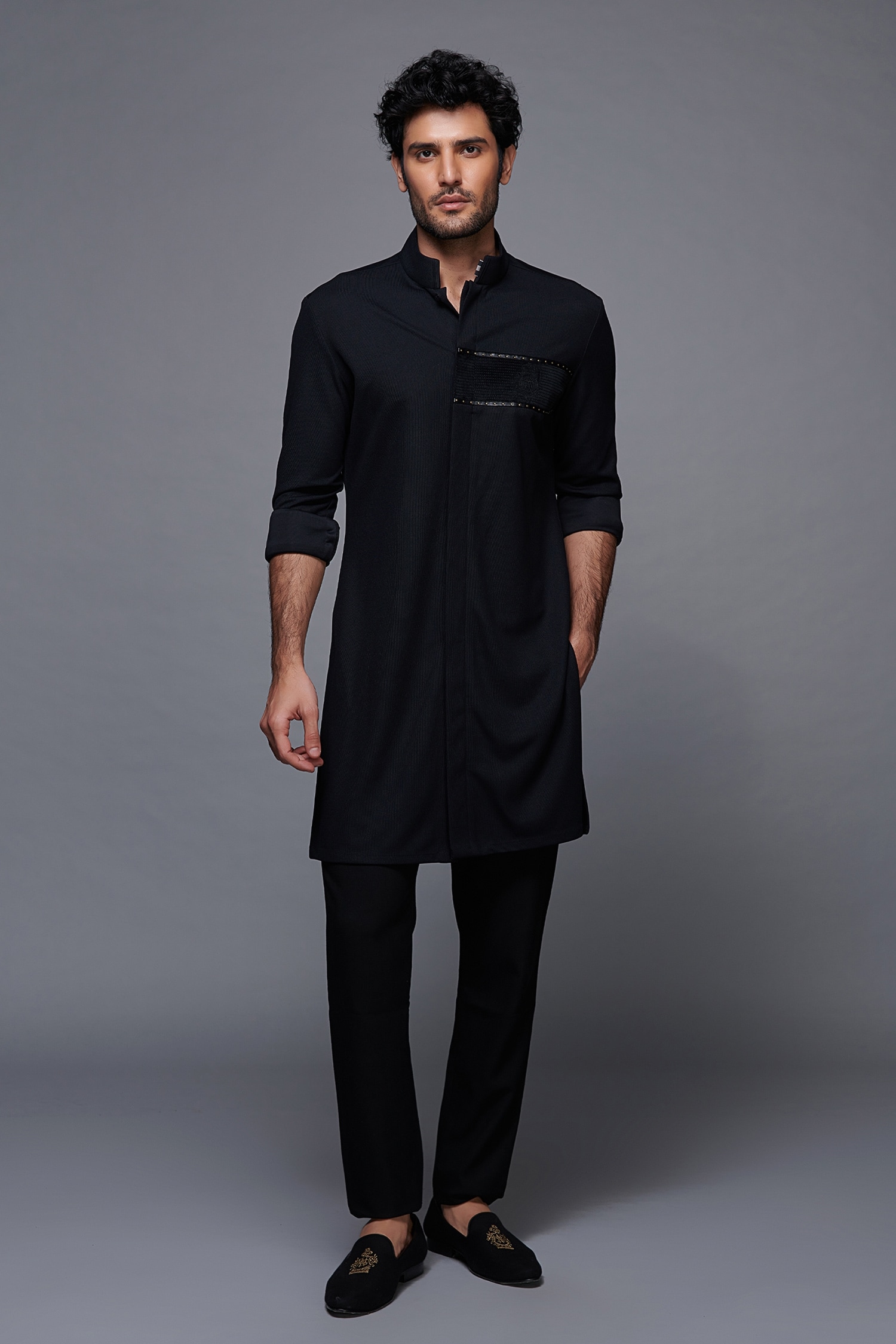 Buy S&N by Shantnu Nikhil Black Terylene Band Collar Kurta Online | Aza ...