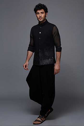 Buy S&N by Shantanu and Nikhil Black Cotton Embellished Nehru Jacket ...