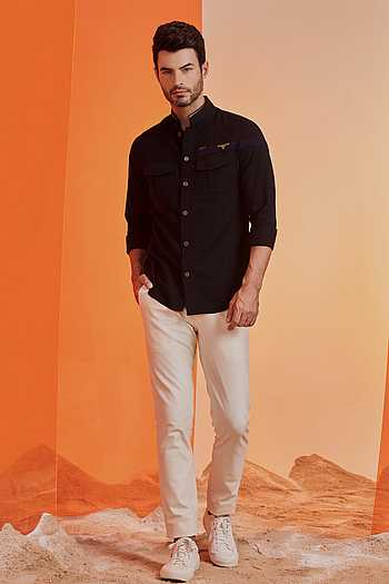 Buy S&N by Shantnu Nikhil Black Terylene Mandarin Collar Shirt Online ...