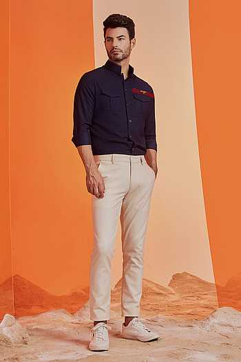 Buy Blue Terylene Embroidered Leather Applique Mandarin Collar Shirt ...