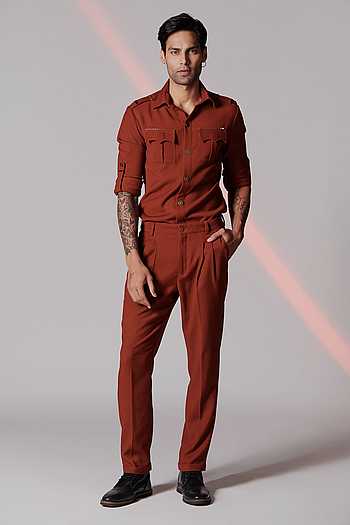 Buy Orange Terylene Solid Textured Shirt For Men by S&N by Shantnu ...