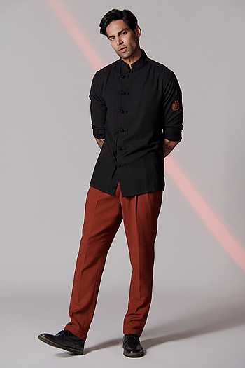 Buy Black Terylene Solid Nehru Collar Shirt For Men by S&N by Shantnu ...