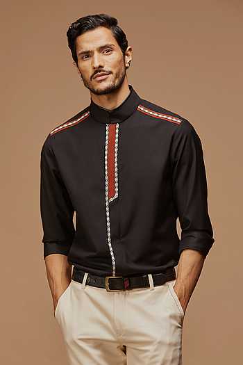 Buy S&N by Shantnu Nikhil Black Terylene Embroidered Slim Fit Shirt ...