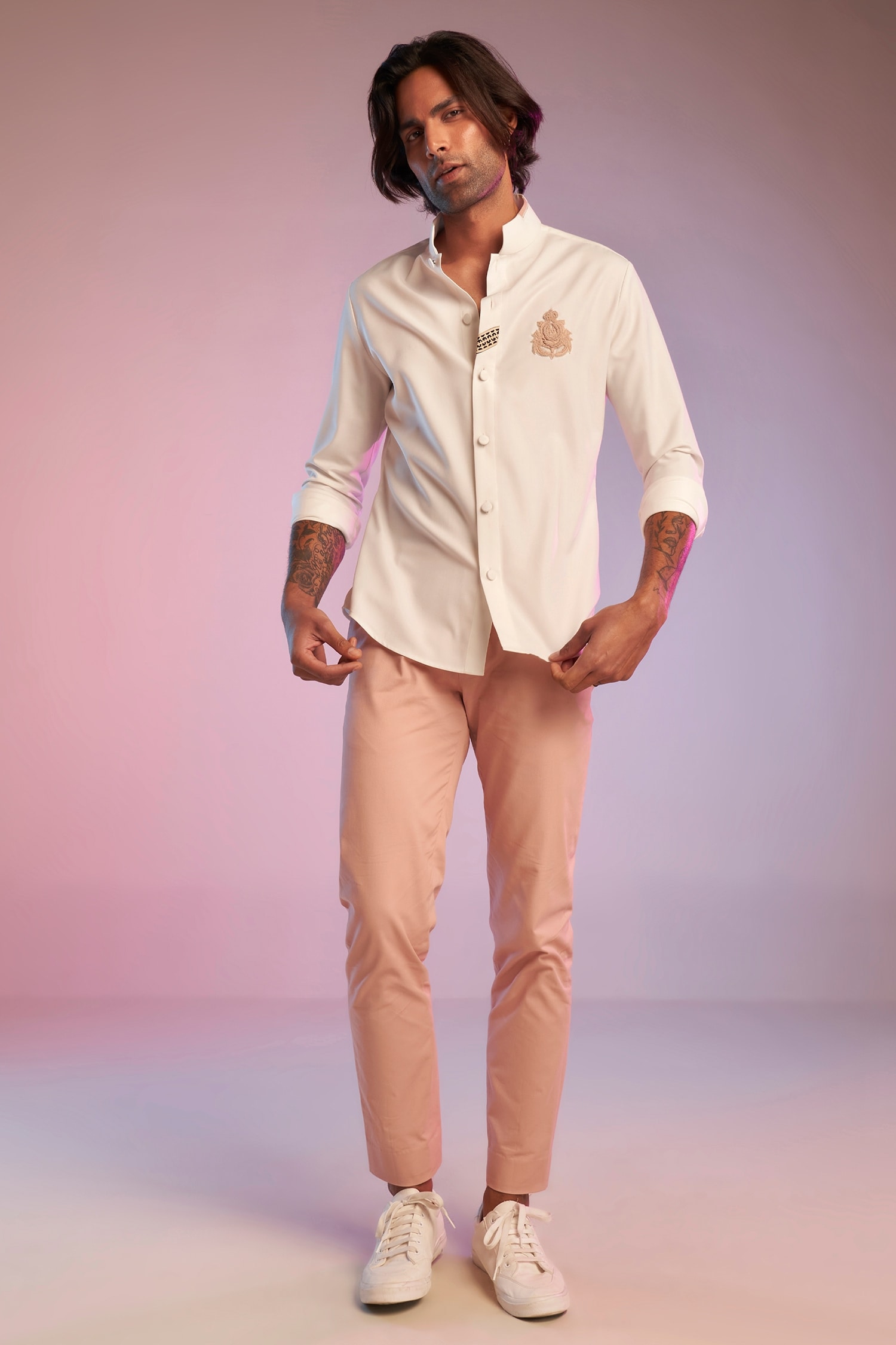 Buy S&N by Shantnu Nikhil White Terylene Band Collar Shirt Online | Aza ...