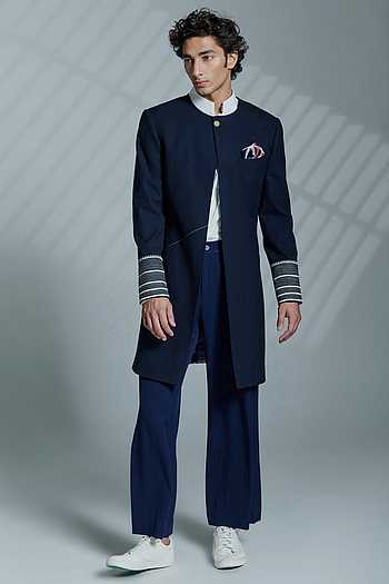Buy Blue Poly Blend Solid Carved Button Open Sherwani For Men by S&N by ...