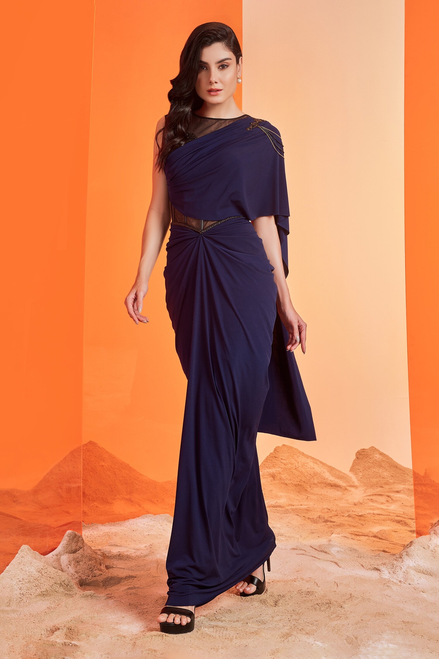 Buy Blue Poly Jersey Embellished Faux Leather Appliques Draped Saree ...