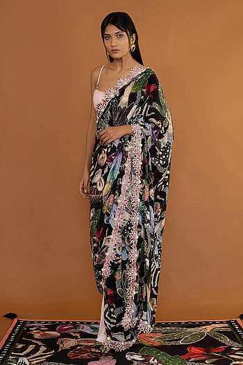 Buy Shivan & Narresh Black Printed Pre-stitched Saree Online | Aza Fashions