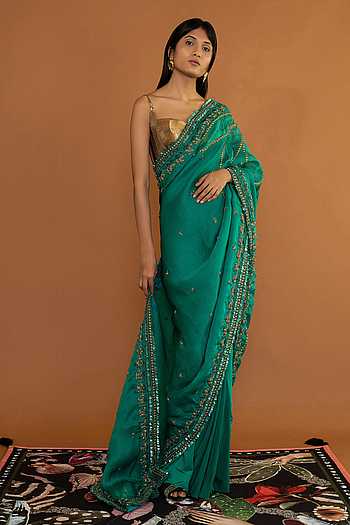Buy Shivan & Narresh Green Skeinwork Border Pre-stitched Saree Online ...