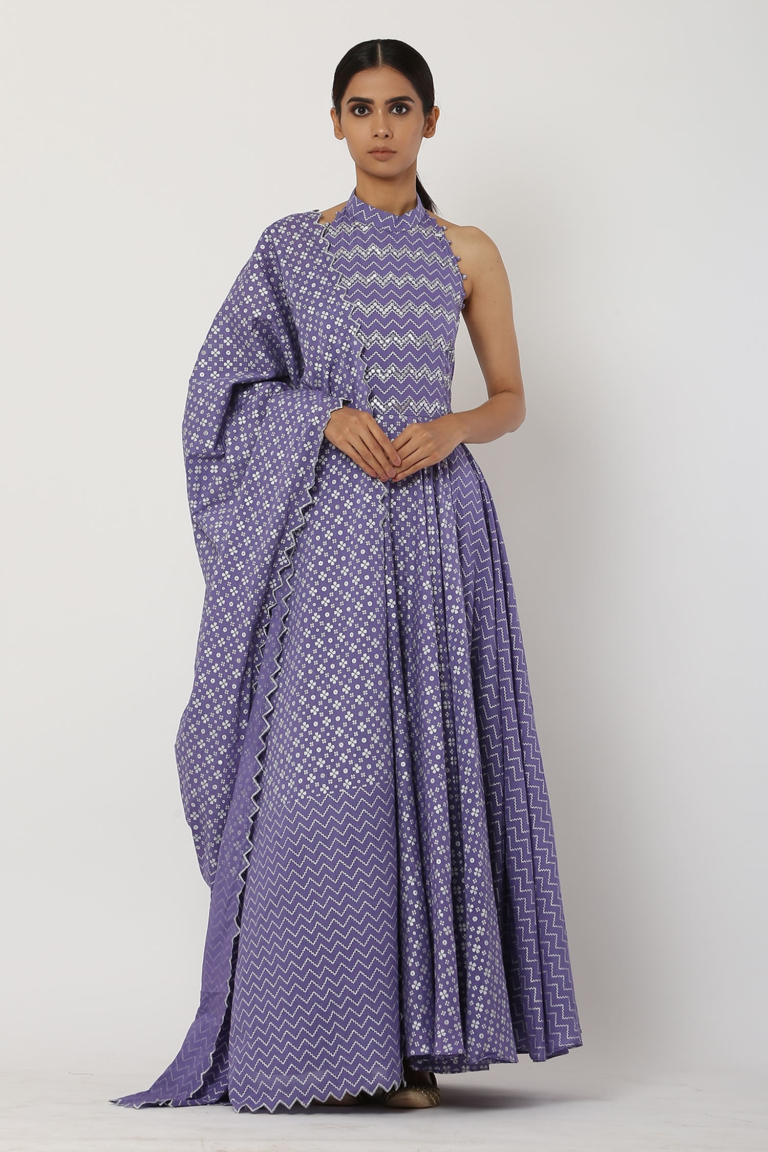 Buy Seema Nanda Purple Cotton Mul Halter Neck Anarkali With Dupatta ...