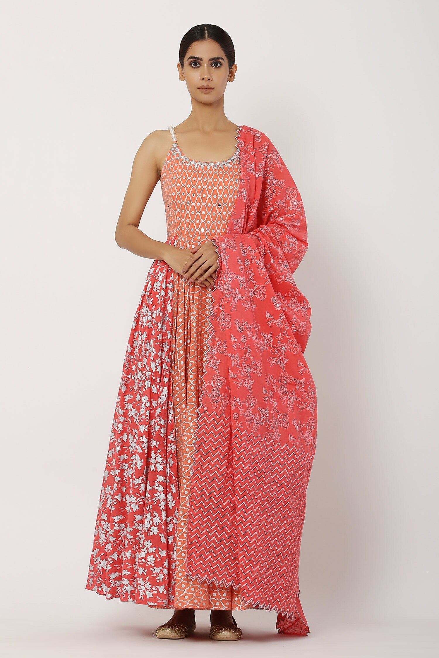 Buy Peach Cotton Mul Printed Round Beaded Strap Anarkali With Dupatta ...