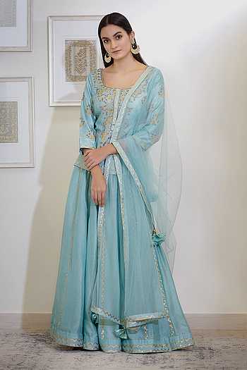 Buy Shyam Narayan Prasad Blue Dupion Silk Embroidered Lehenga Set ...