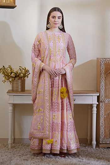 Buy Shyam Narayan Prasad Pink Raw Silk Embroidered Anarkali Set Online ...