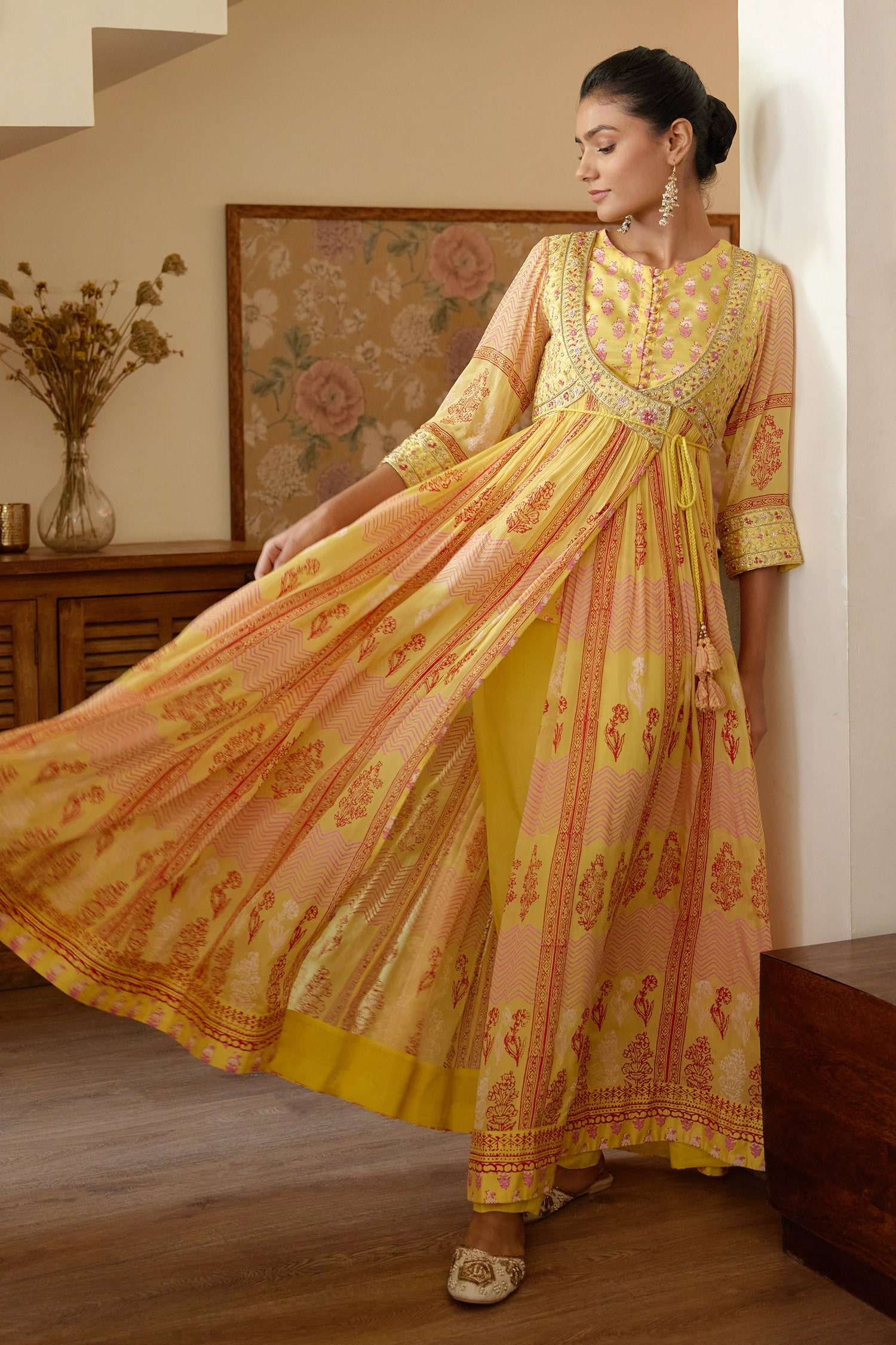 Buy Yellow Chinnon Hand Block Prints Floral And Geometric Angarkha Set ...