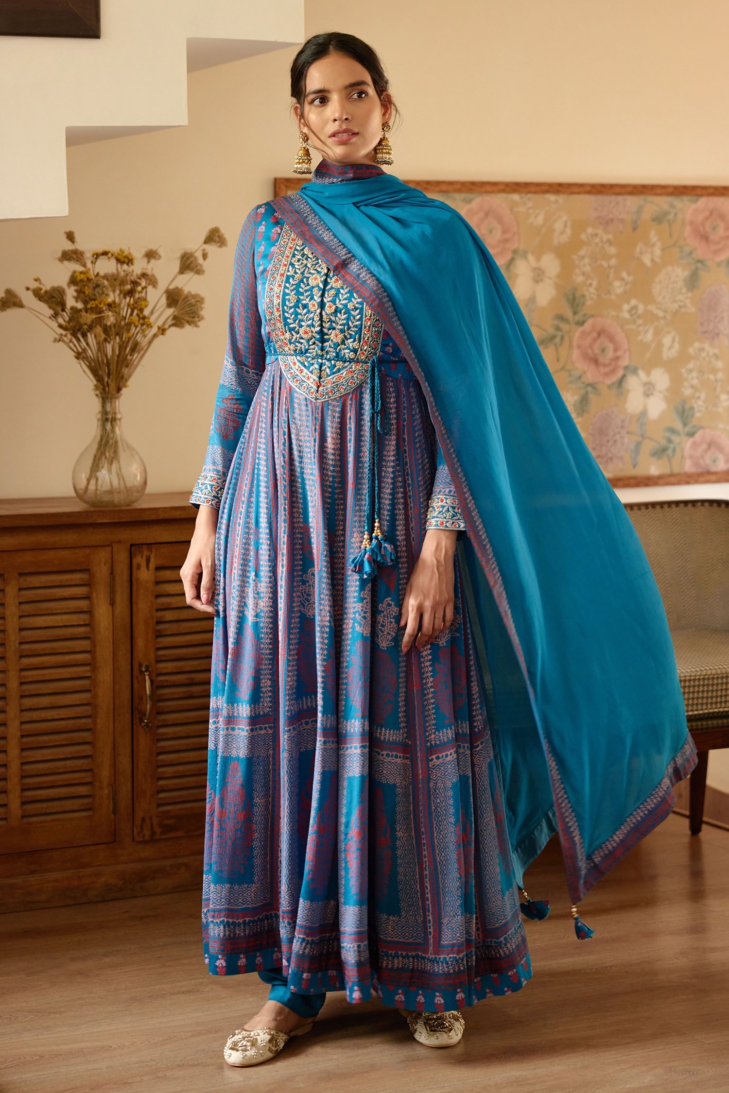 Buy Shyam Narayan Prasad Blue Chinnon Floral Hand Block Print Anarkali ...