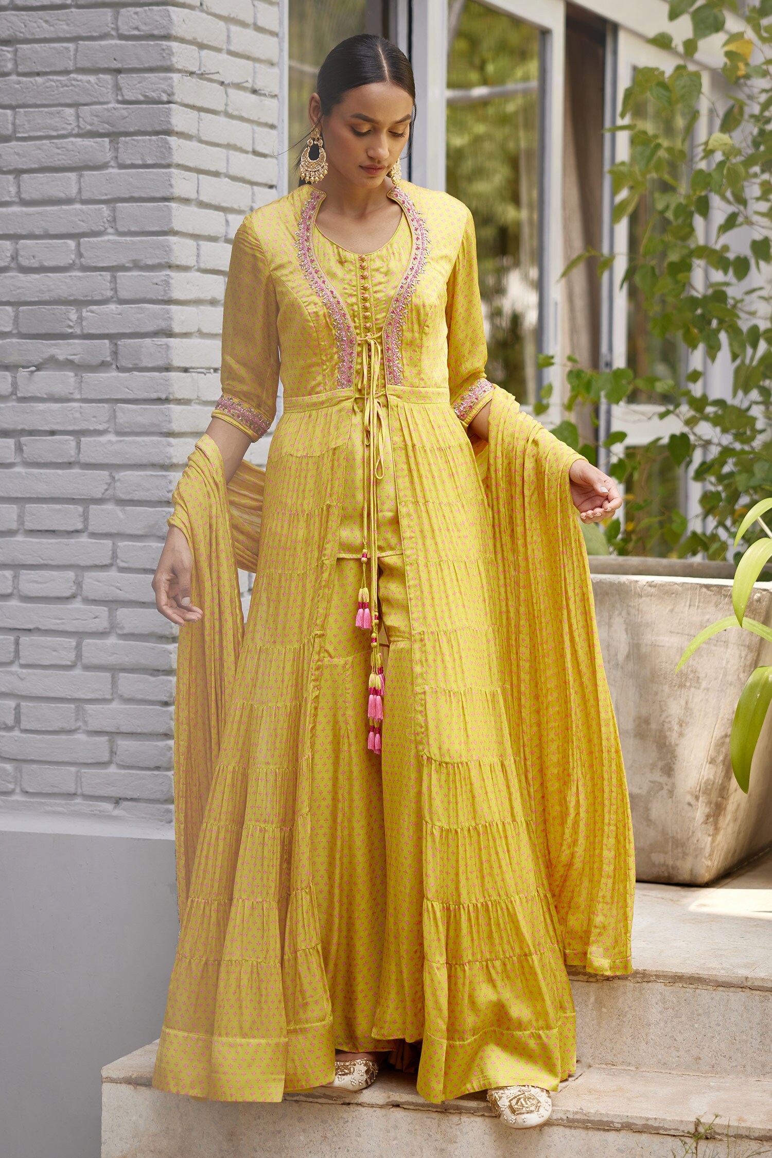 Buy Yellow Flat Chiffon Printed Floral Motifs Angarkha With Sharara Set ...