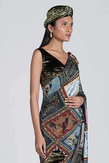 Buy Shivan & Narresh Green Velvet Saree Blouse Online | Aza Fashions