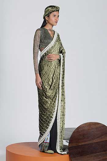 Buy Shivan & Narresh Green Italian Jersey Pre-stitched Velvet Saree ...