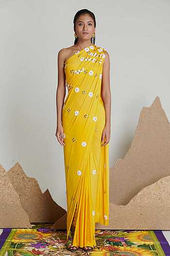 Buy Shivan & Narresh Yellow Super Fine Italian Jersey Pre-draped ...