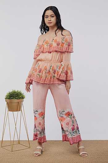 Buy Pink Shimmer Printed Floral Straight Off-shoulder Top And Pant Set ...