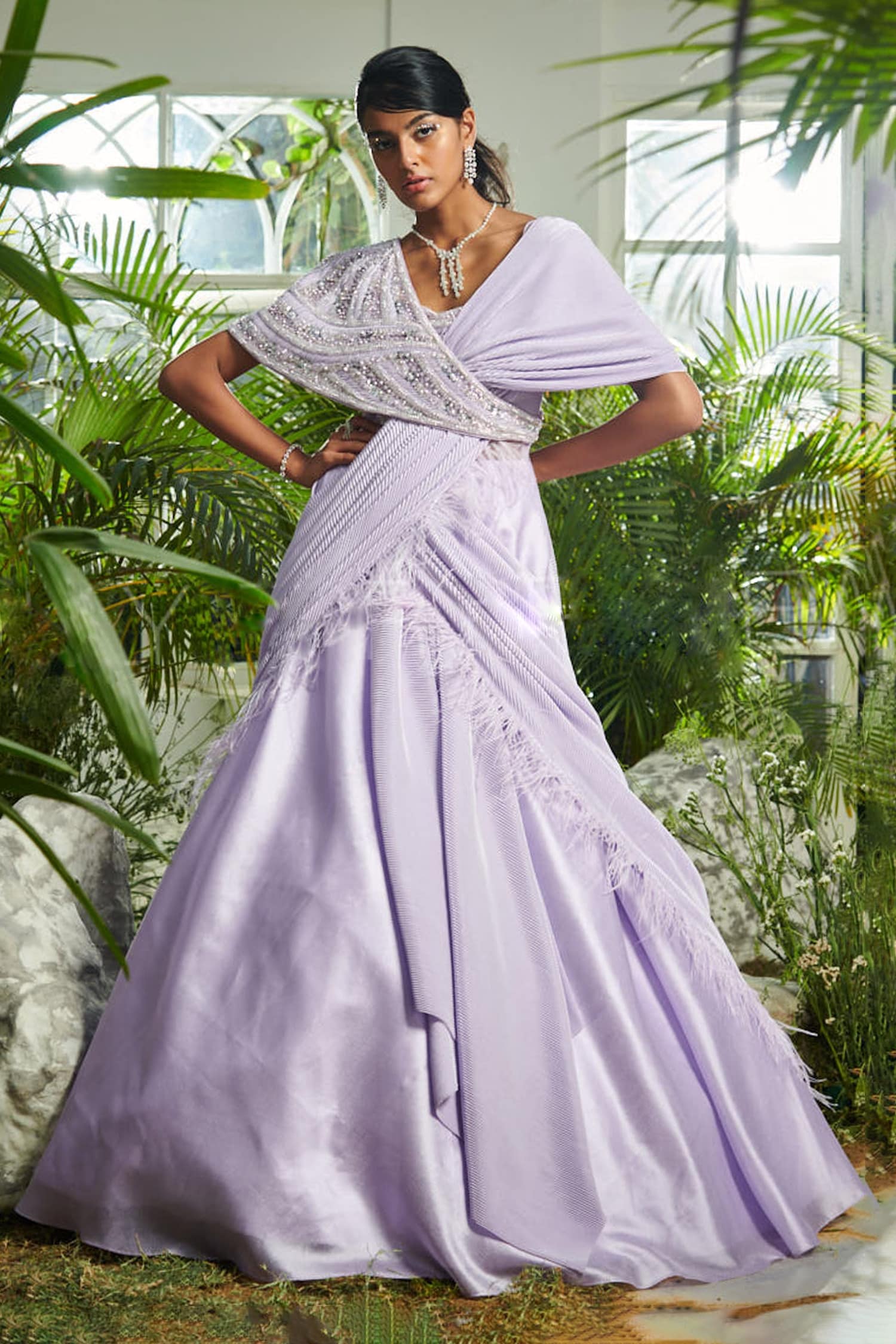 Buy Purple Silk Embellished Feathers V Neck Draped Gown For Women by ...