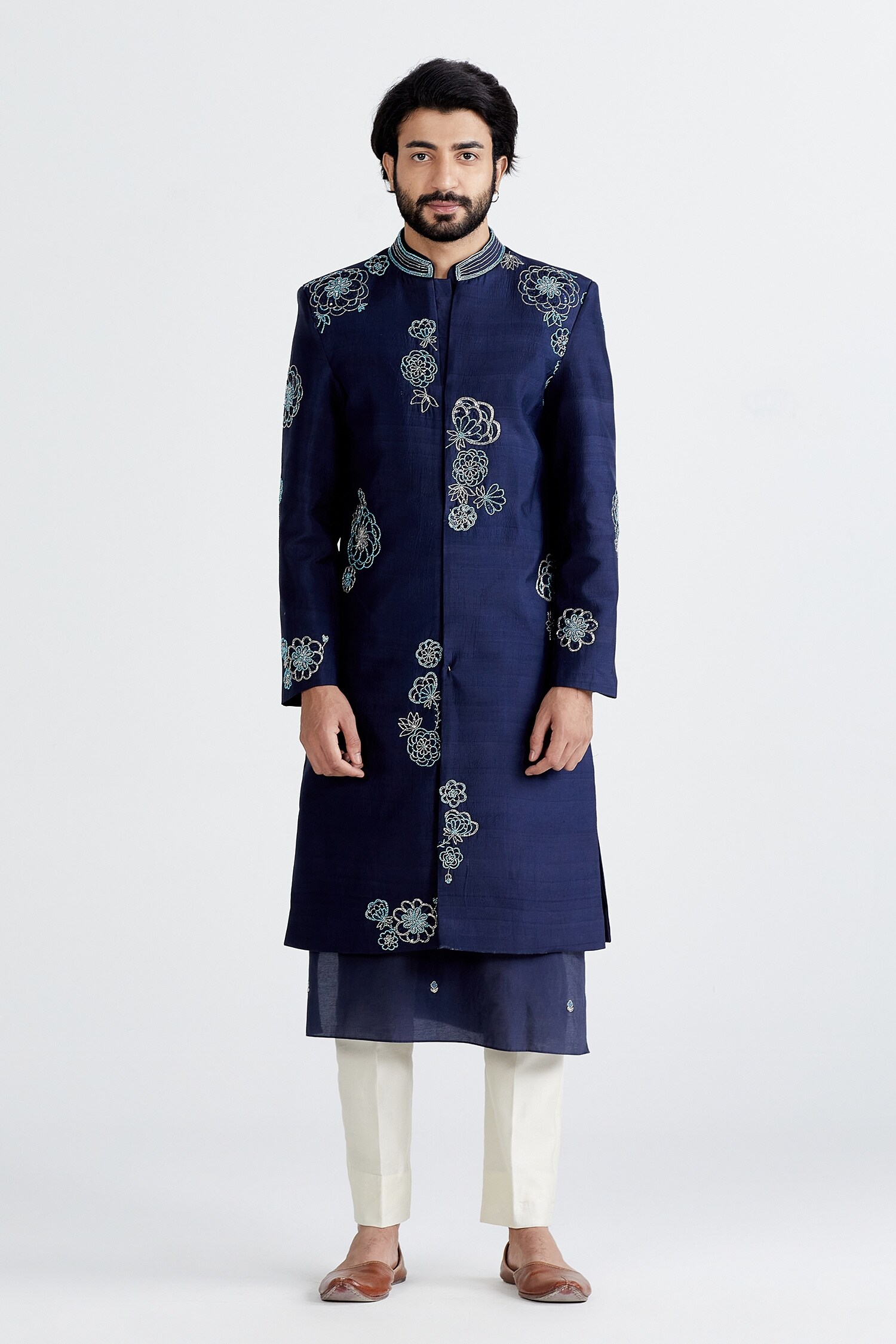 Buy Blue Silk Chanderi Embroidered Floral Daman Sherwani Set For Men by ...