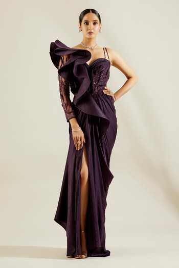 Buy Purple Raw Silk Asymmetric Embellished One Shoulder Saree Gown For ...