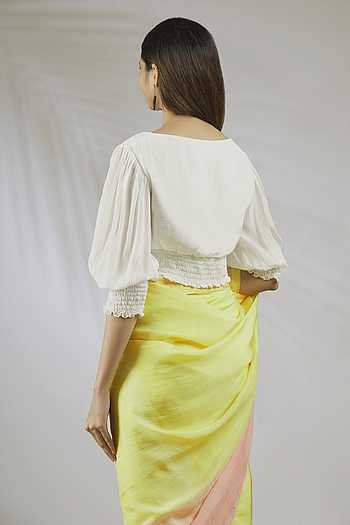 Buy Vedika M Yellow Crepe Color Block Saree With Blouse Online | Aza ...