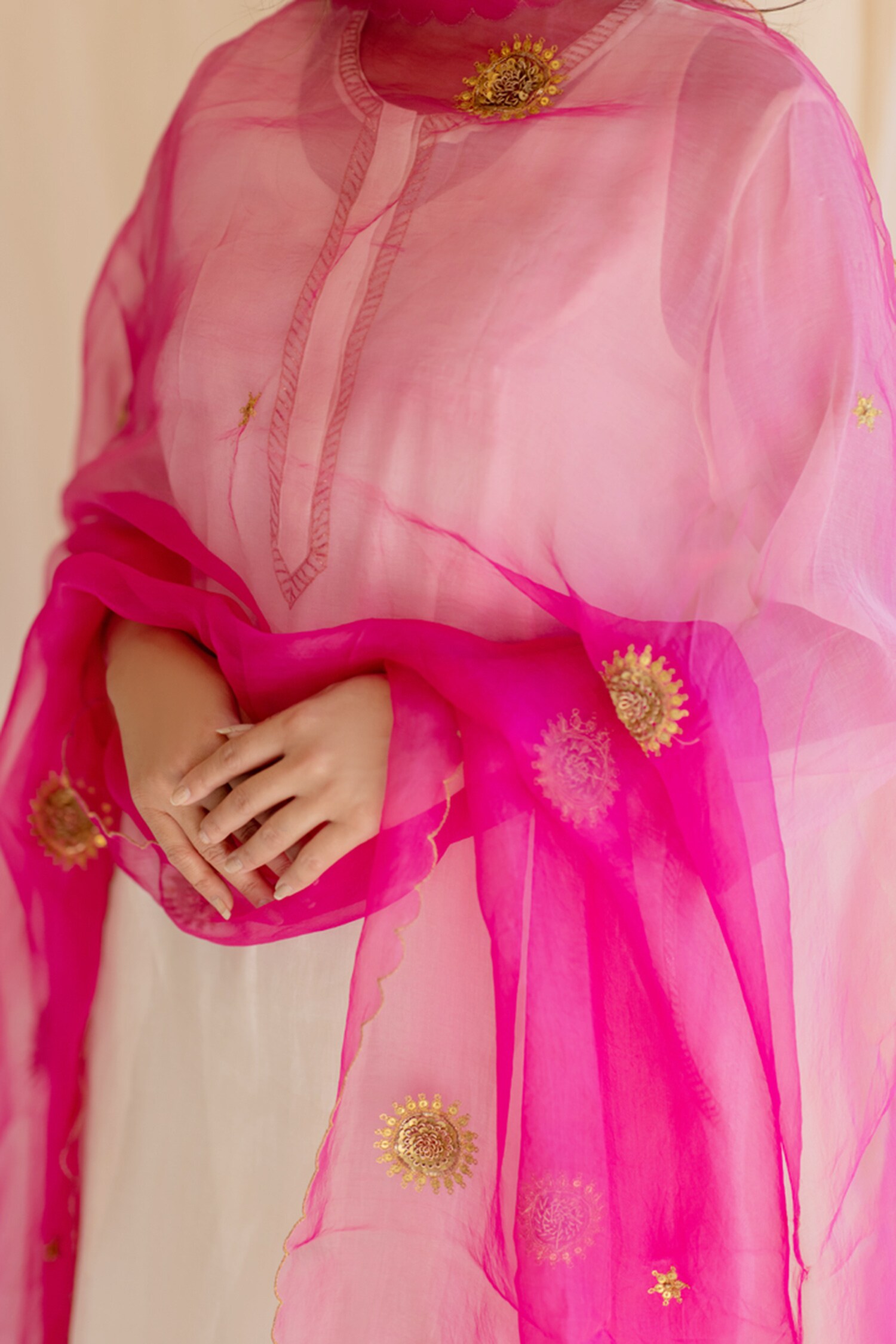 Buy Nirjara Pink Organza Silk Embroidered Dupatta Online | Aza Fashions