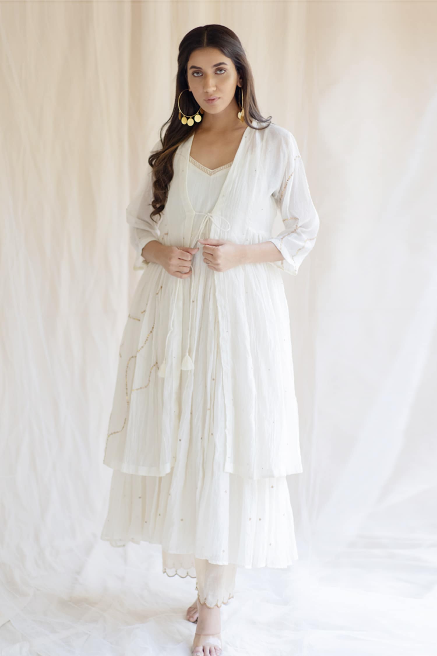 Buy Nirjara White Chanderi Jacket And Kurta Set Online | Aza Fashions
