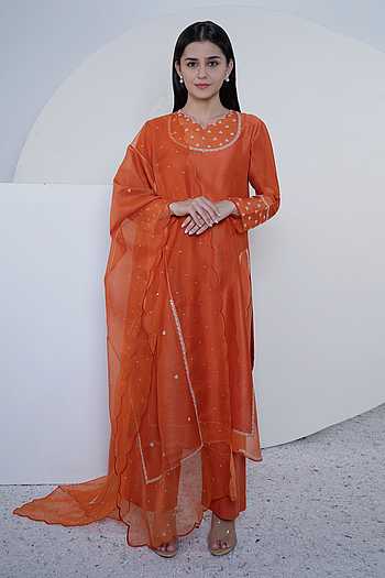 Buy Sravanti Orange Chanderi Kurta Set Online | Aza Fashions