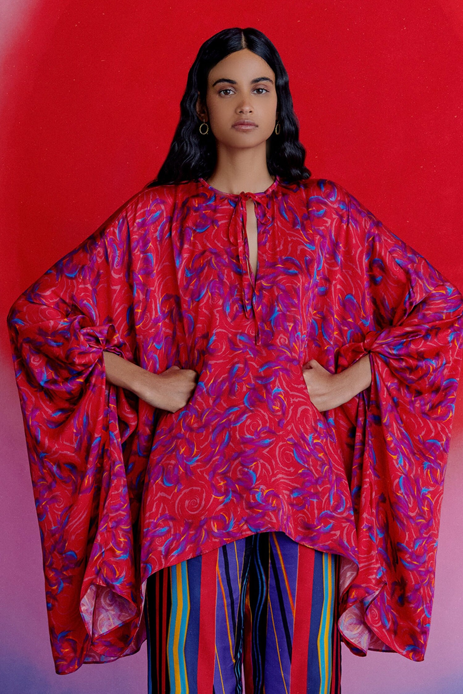 Buy Red Vegan Silk Printed Floral Round Top For Women by Studio Rigu ...