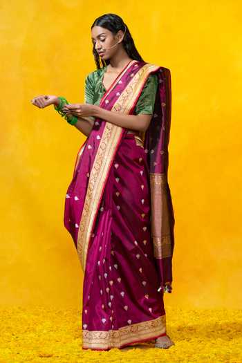 Buy Purple Pure Katan Silk Woven Zari Handloom Saree For Women by ...