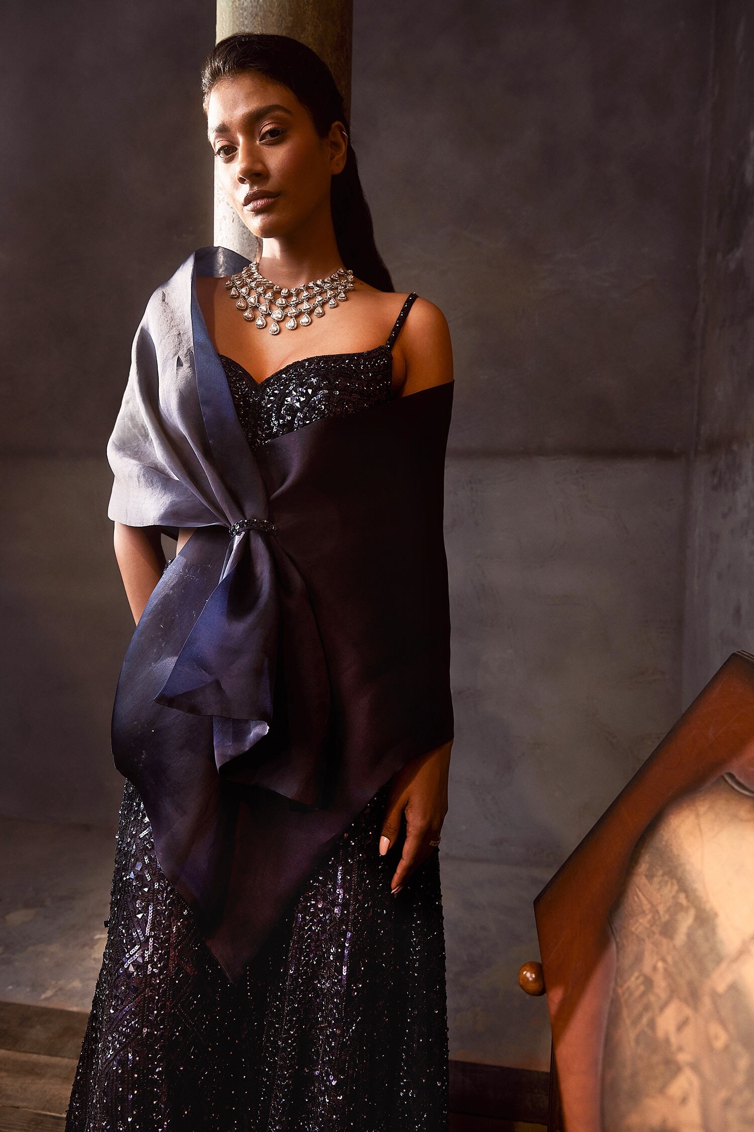 Buy Seema Gujral Blue Organza Embellished Sharara Pant Set With Cape ...